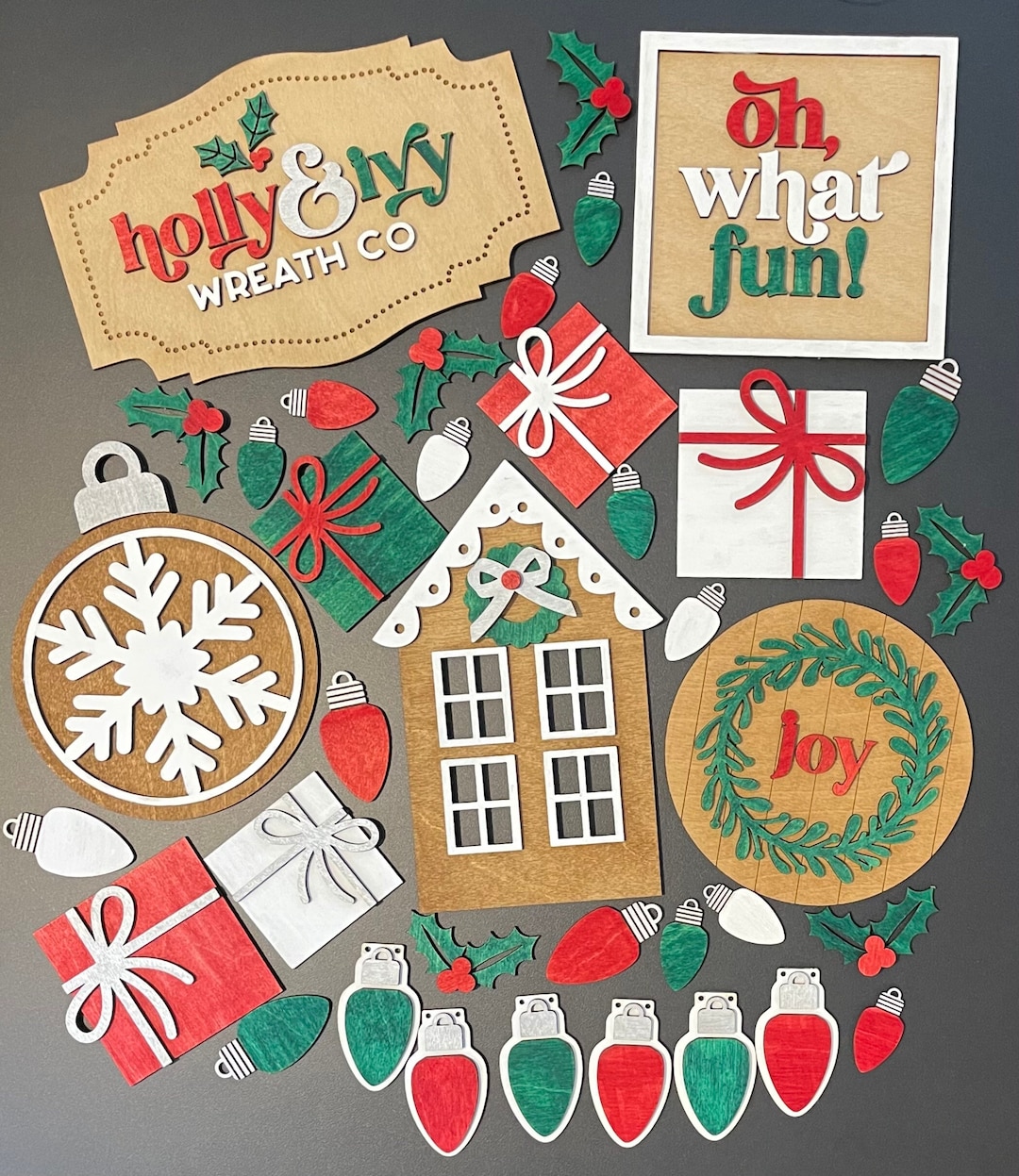 30+ Piece Unfinished Laser Cut Holly & Ivy Christmas Tiered Tray Decor ...