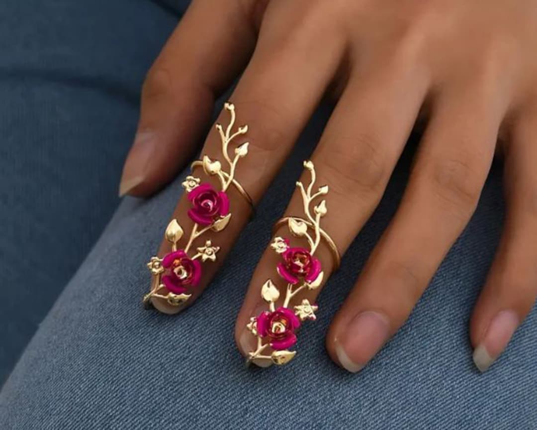 2 Fingertip Rings Fingernail Art Trendy Open Adjustable Rose Design ...