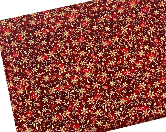 Red Metallic Fabric, Gold Tiny Flowers Fabric, Fabric by the Yard, Fat ...