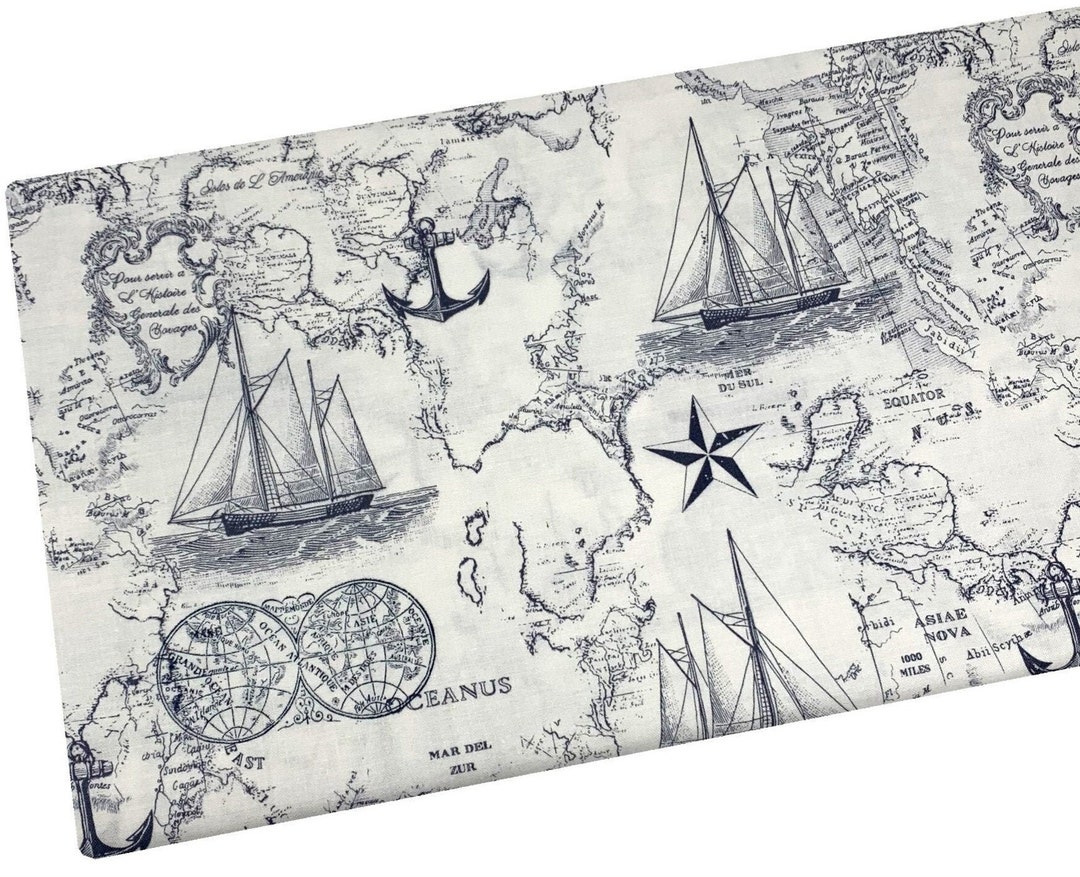 Nautical Map Fabric, Navy Old World Map, Fabric by the Yard, Ships and ...