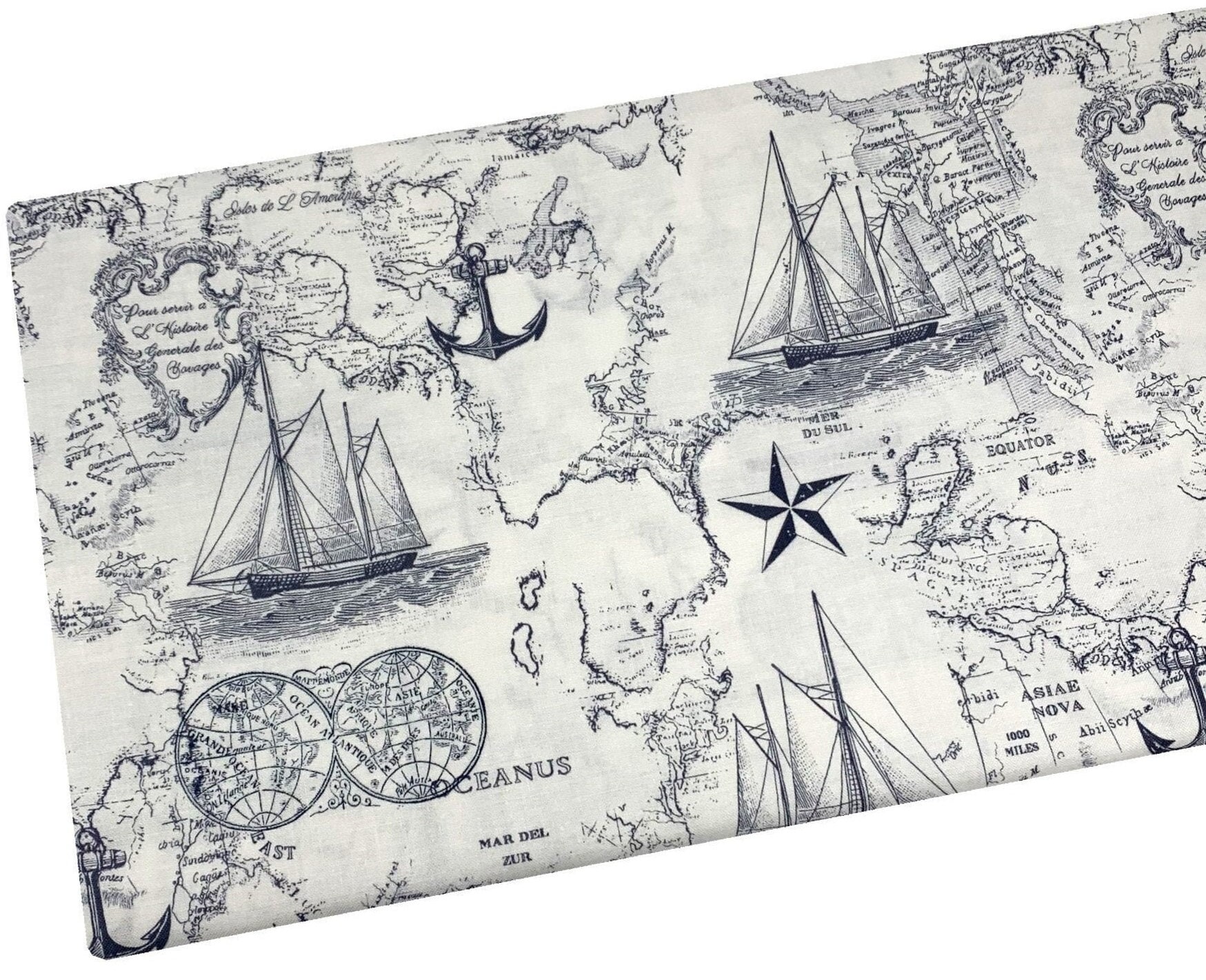 Nautical Map Fabric by the Yard, Navy Old World Map, Ships and Stars ...
