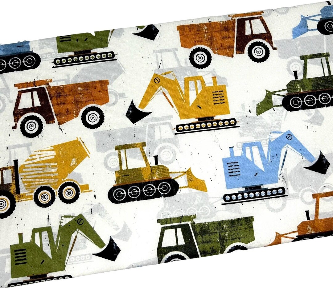 Construction Vehicles Fabric, Bulldozers and Cranes, Fabric by the Yard ...