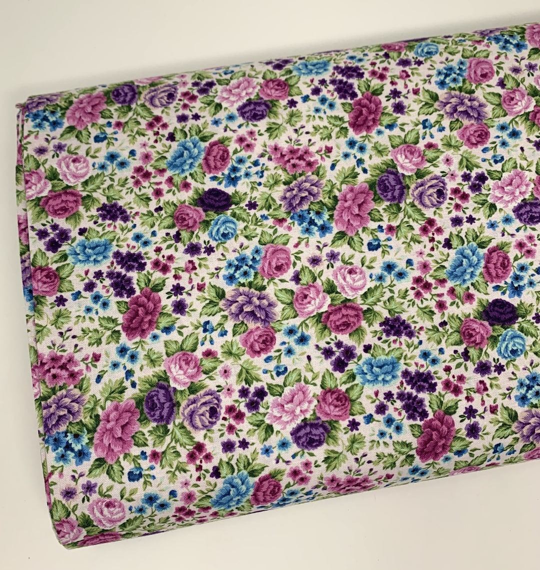 Pink Roses Fabric, Tiny Purple Flowers, Fabric by the Yard, Fat Quarter ...