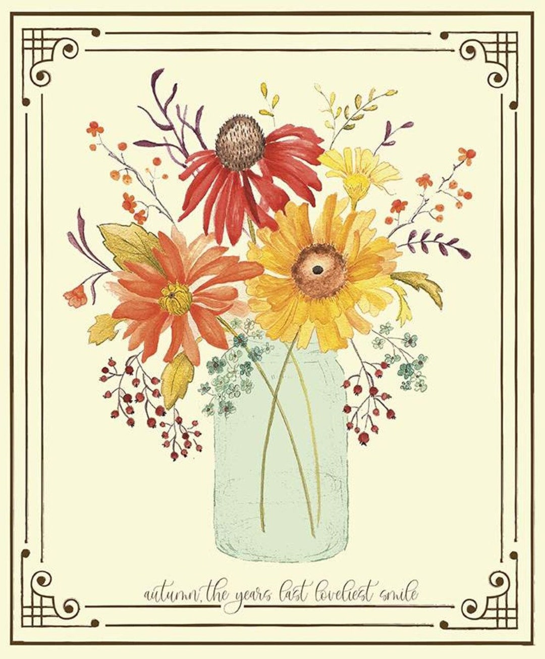 Adel in Autumn Panel 36", Fall Fabric, Autumn Flowers Panel, Sandy ...