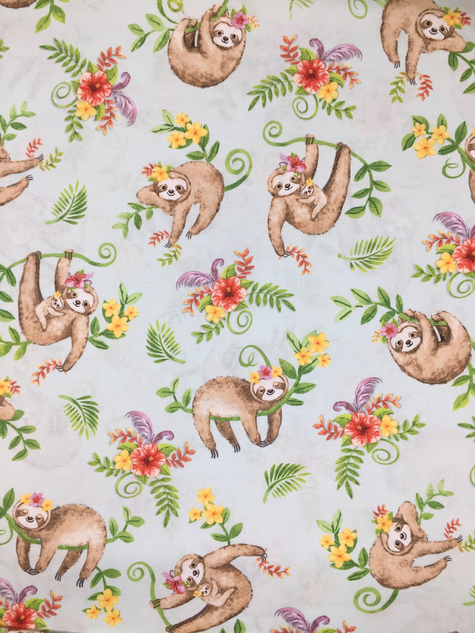 Tropical Sloth Fabric Sloths and Flowers Fabric by the Yard | Etsy