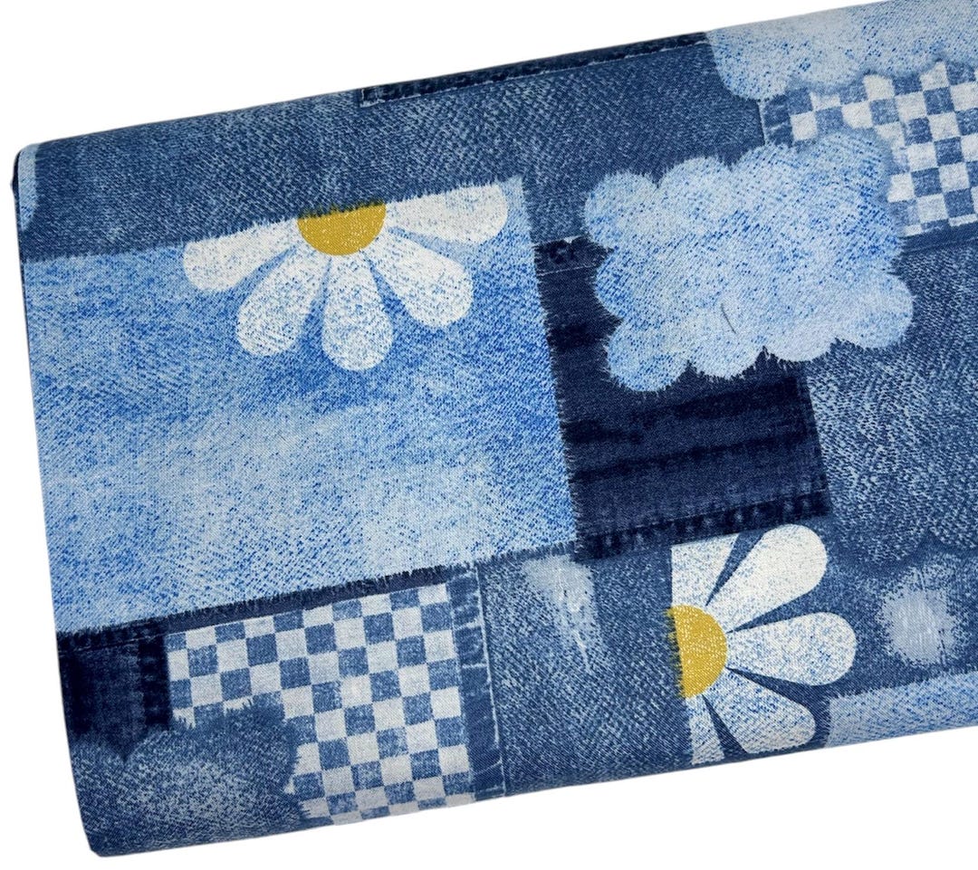Blue Daisy Patch Fabric, Blue Jean Look Patch, Fabric by the Yard ...