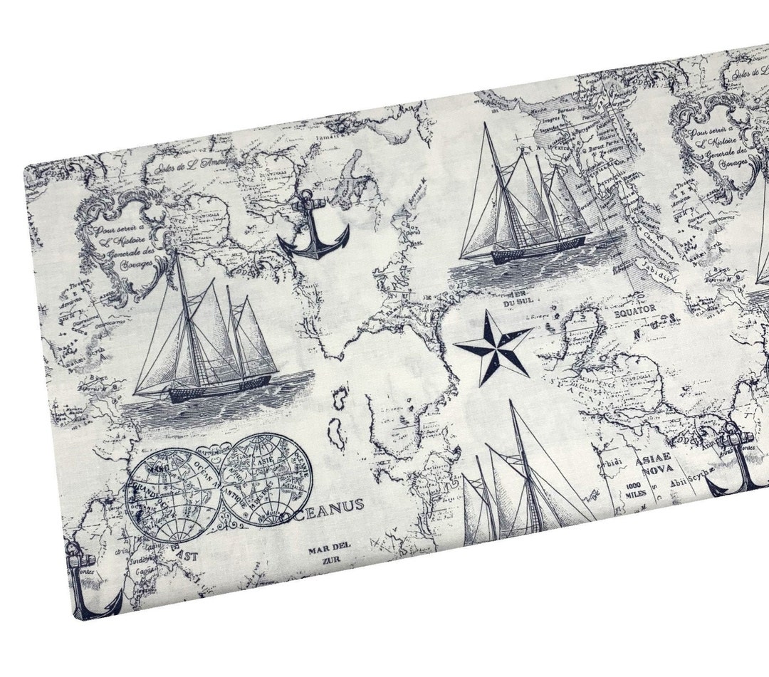 End of the Bolt 15 by 44 Nautical Map Fabric, Old World Map, Quilting ...