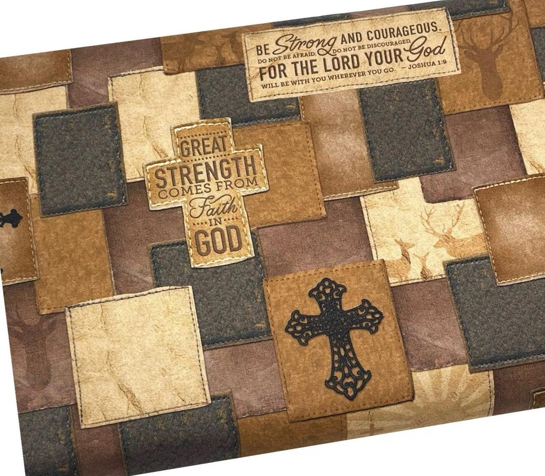 Be Strong Religious Christian Fabric, Brown Cross, Fabric by the Yard ...