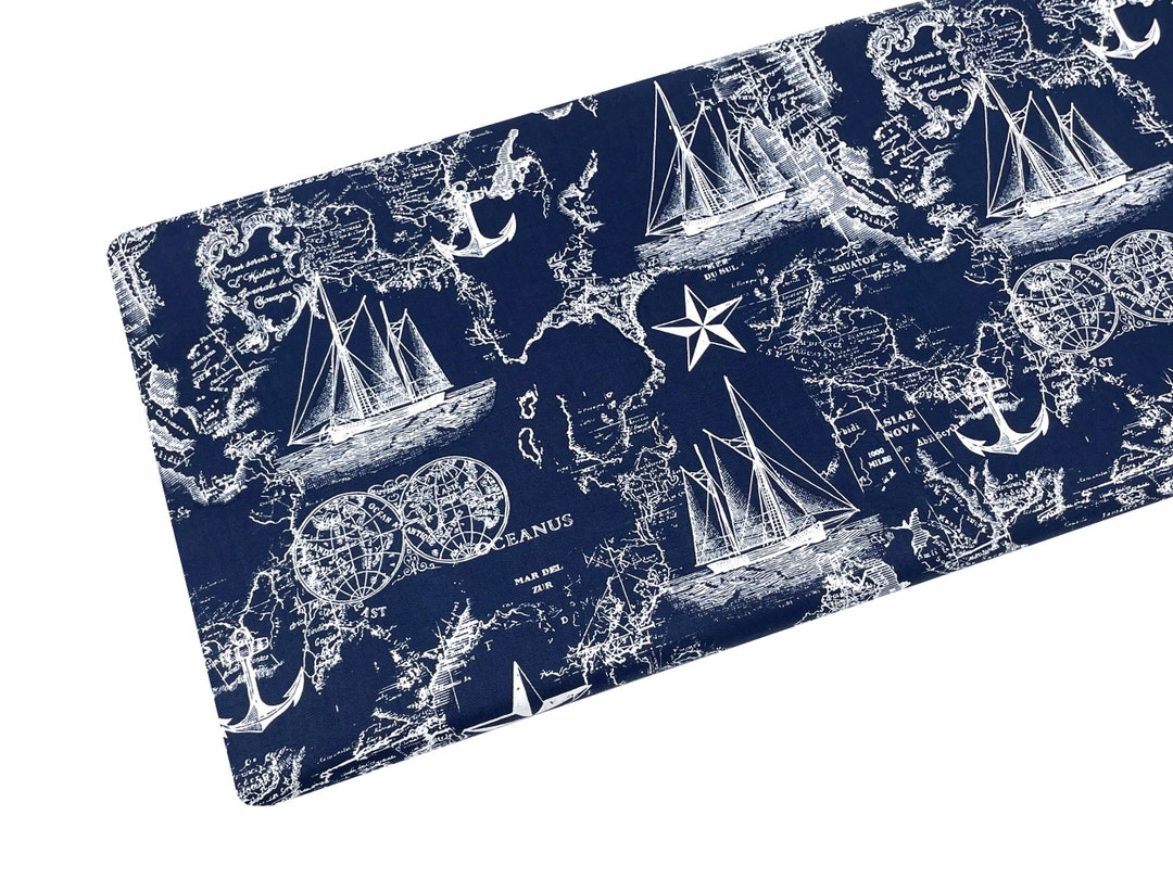 End of the Bolt 11 by 44 Navy Nautical Map Fabric, Ships and Stars ...