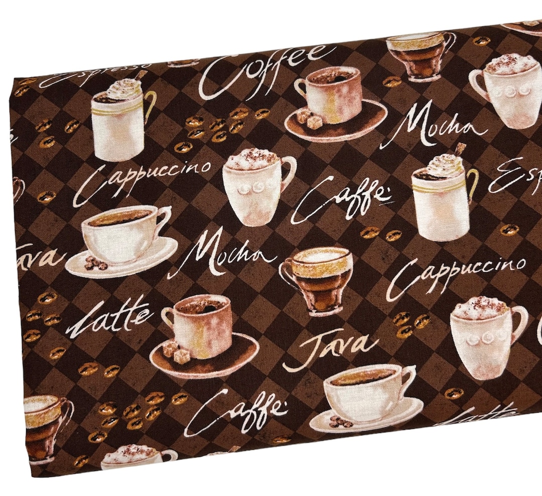 Coffee Print Fabric, Cups Mugs Latte Espresso Fabric, Fabric by the ...