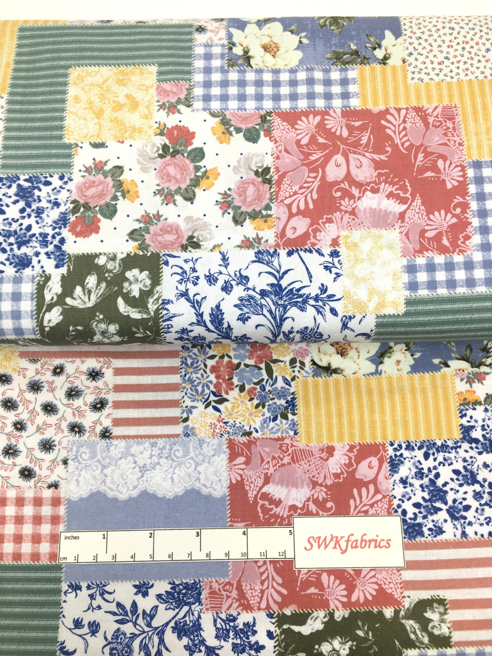 Boho Patchwork Cotton Calico Fabric, Pink Sage Mustard, Fabric by the ...