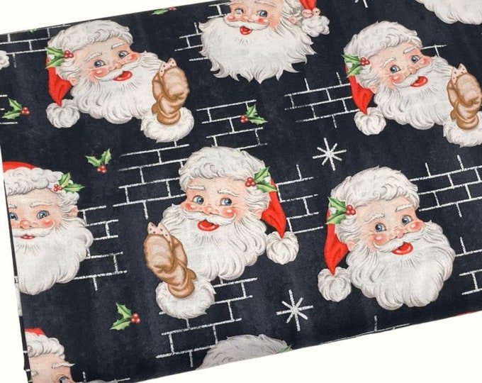 Santa All on Black Background Fabric, Christmas Print, Fabric by the ...