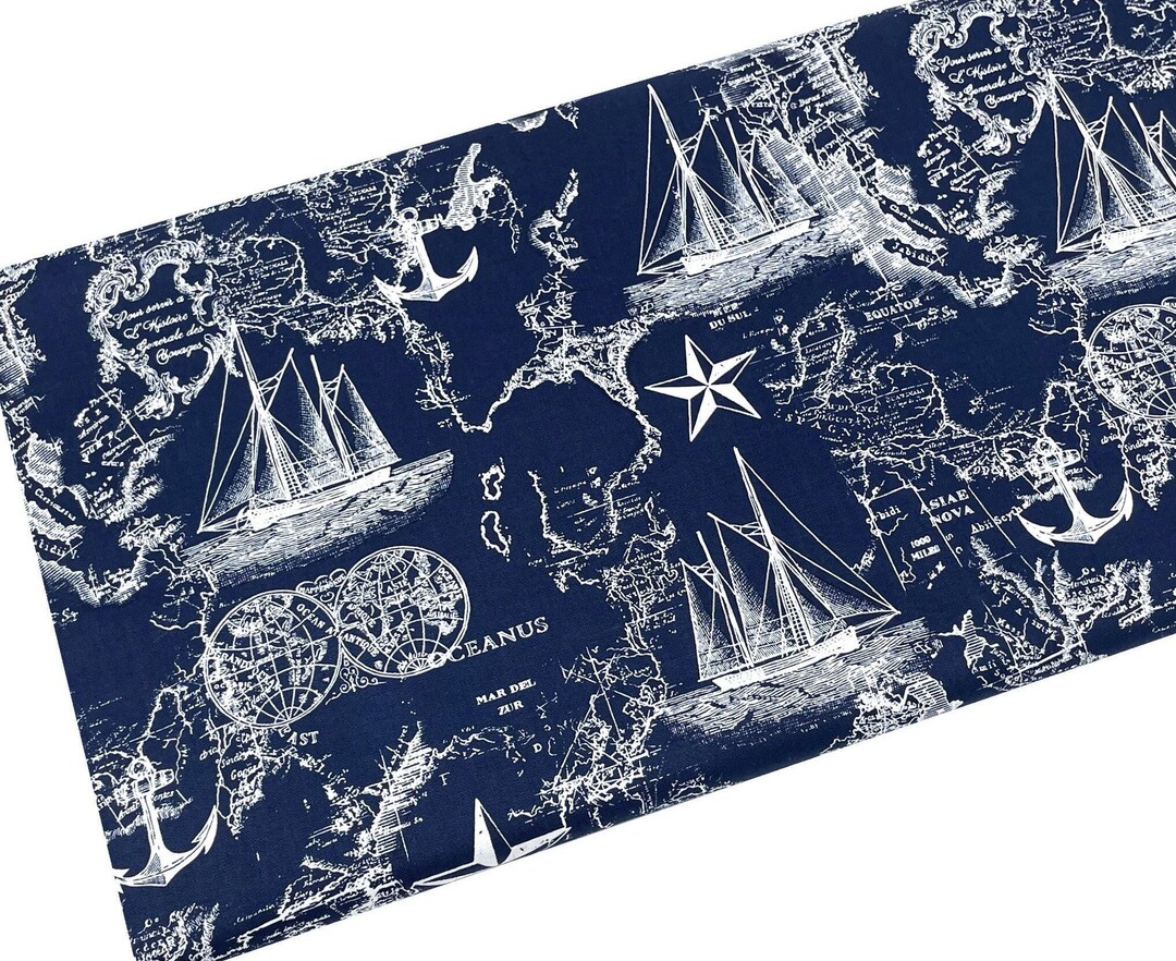 Navy Nautical Map Fabric, Ships and Stars, Fabric by the Yard, Fat ...
