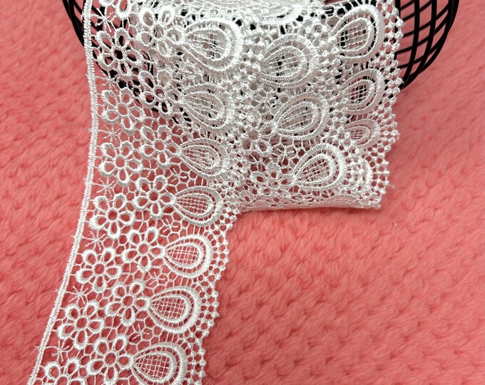 43" Floral Embroidered Lace Trim 2.75" Wide, White Flowers, Lace for ...