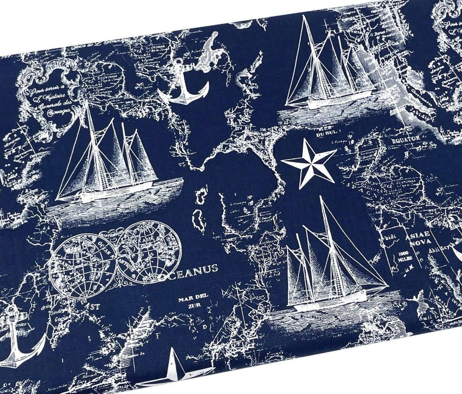 Navy Nautical Map Fabric, Ships and Stars, Fabric by the Yard, Fat ...