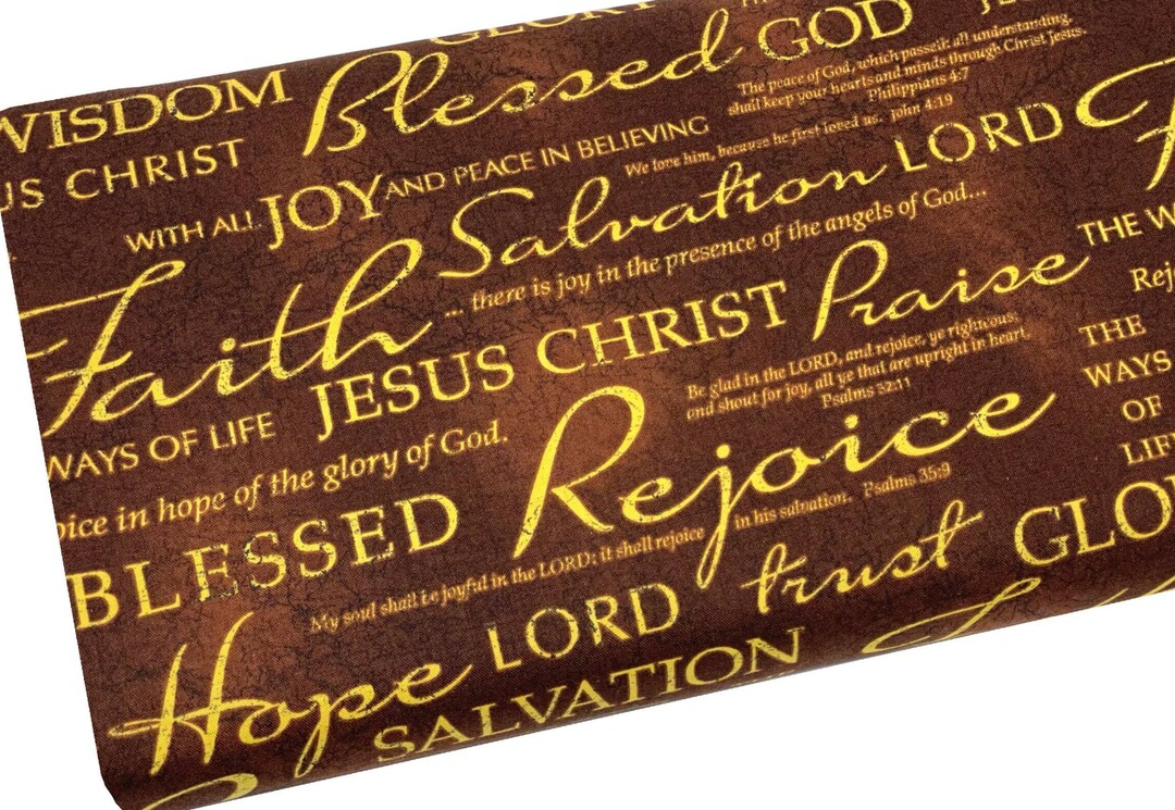 Religious Christian Fabric, Brown Gold Faith Bible, Fabric by the Yard ...