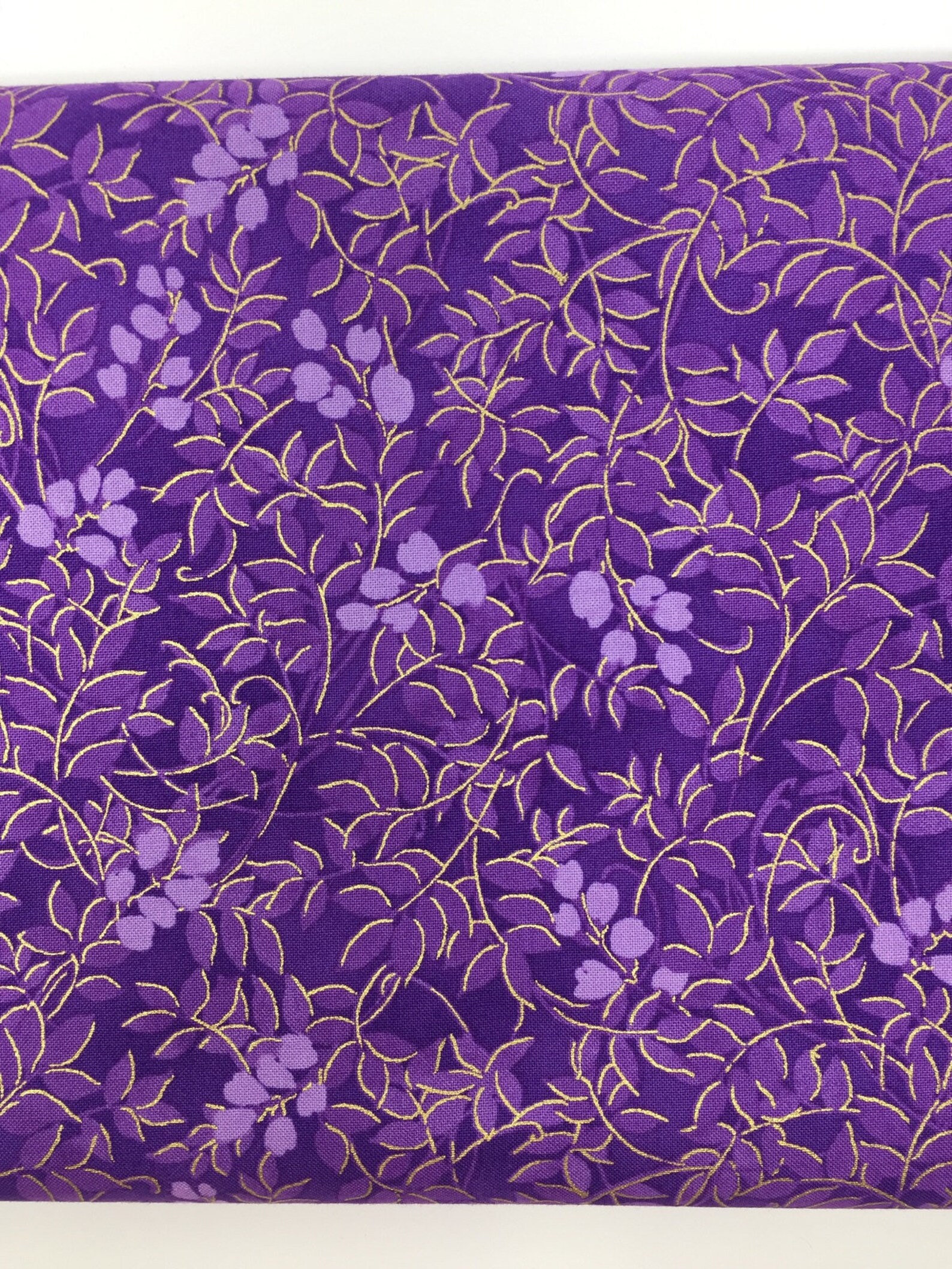 Purple and Metallic Gold Leaf Fabric by the Yard, Flowers and Leaves ...