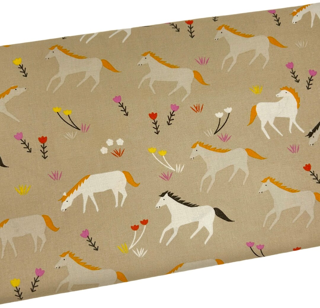 Ponies Fabric,stay Gold Organic Cotton by Cloud9, Horses and Flowers ...