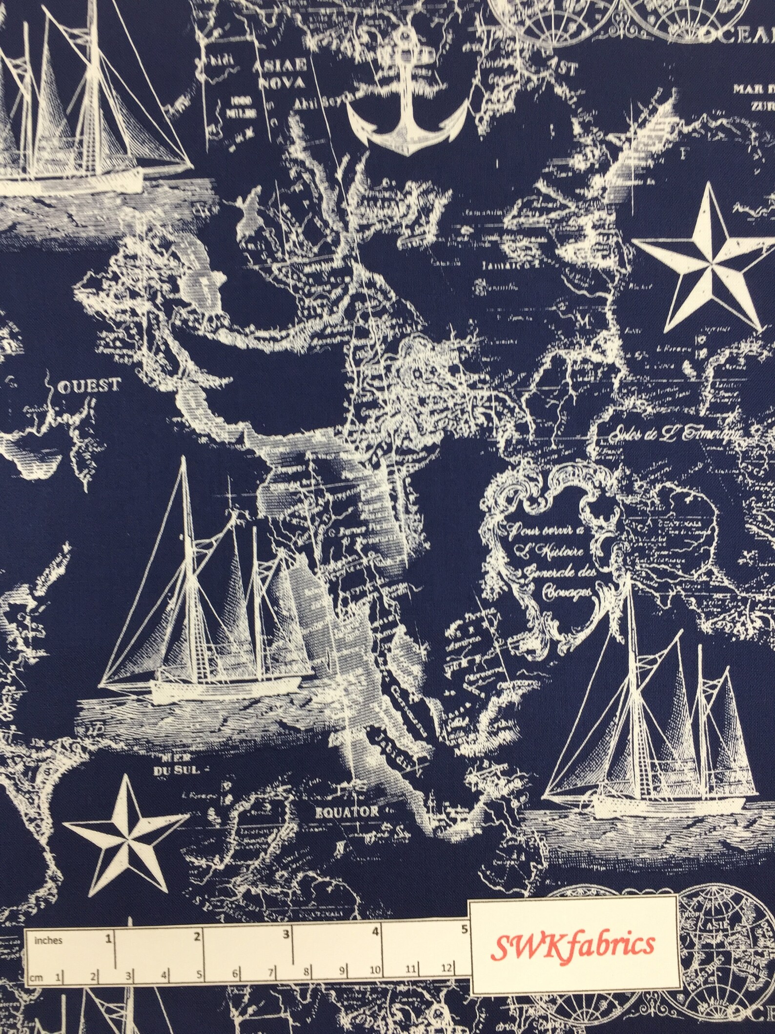 Navy Nautical Map Fabric, Ships and Stars, Fabric by the Yard, Fat ...