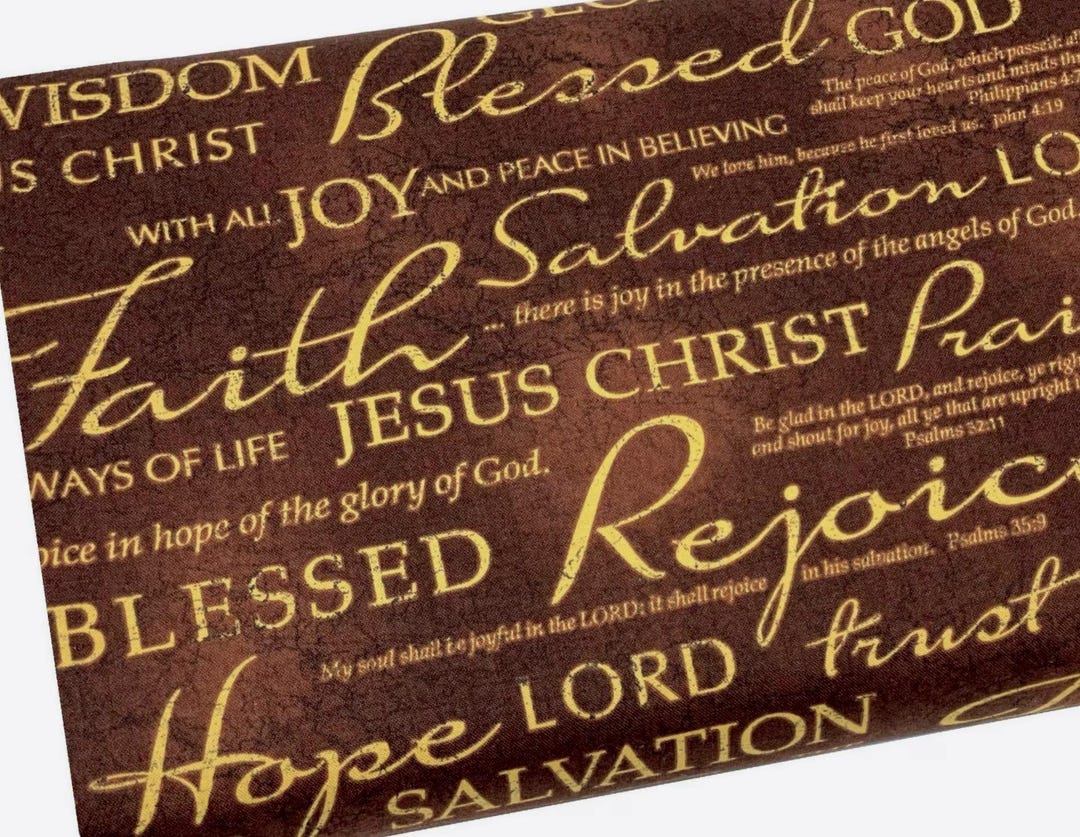 Religious Christian Fabric by the Yard, Brown Gold Faith Bible ...
