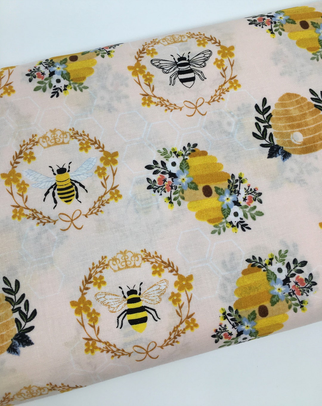 Beehive Floral Fabric, Bumble Bee Honey, Fabric by the Yard, Fat ...