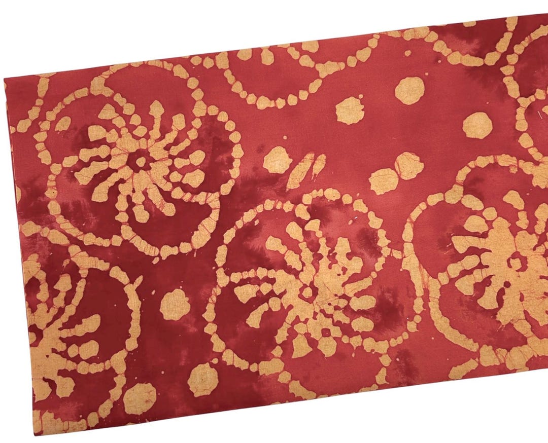 Remnant 17" by 21" Red Floral Batik Fabric, Yellow Flowers, Quilt ...