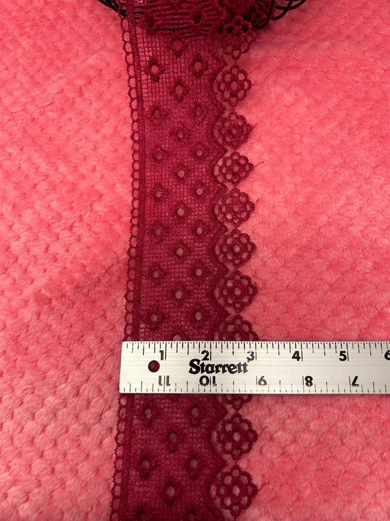 45" Long Floral Embroidered Lace Trim 3" Wide, Burgundy Red Decorative ...