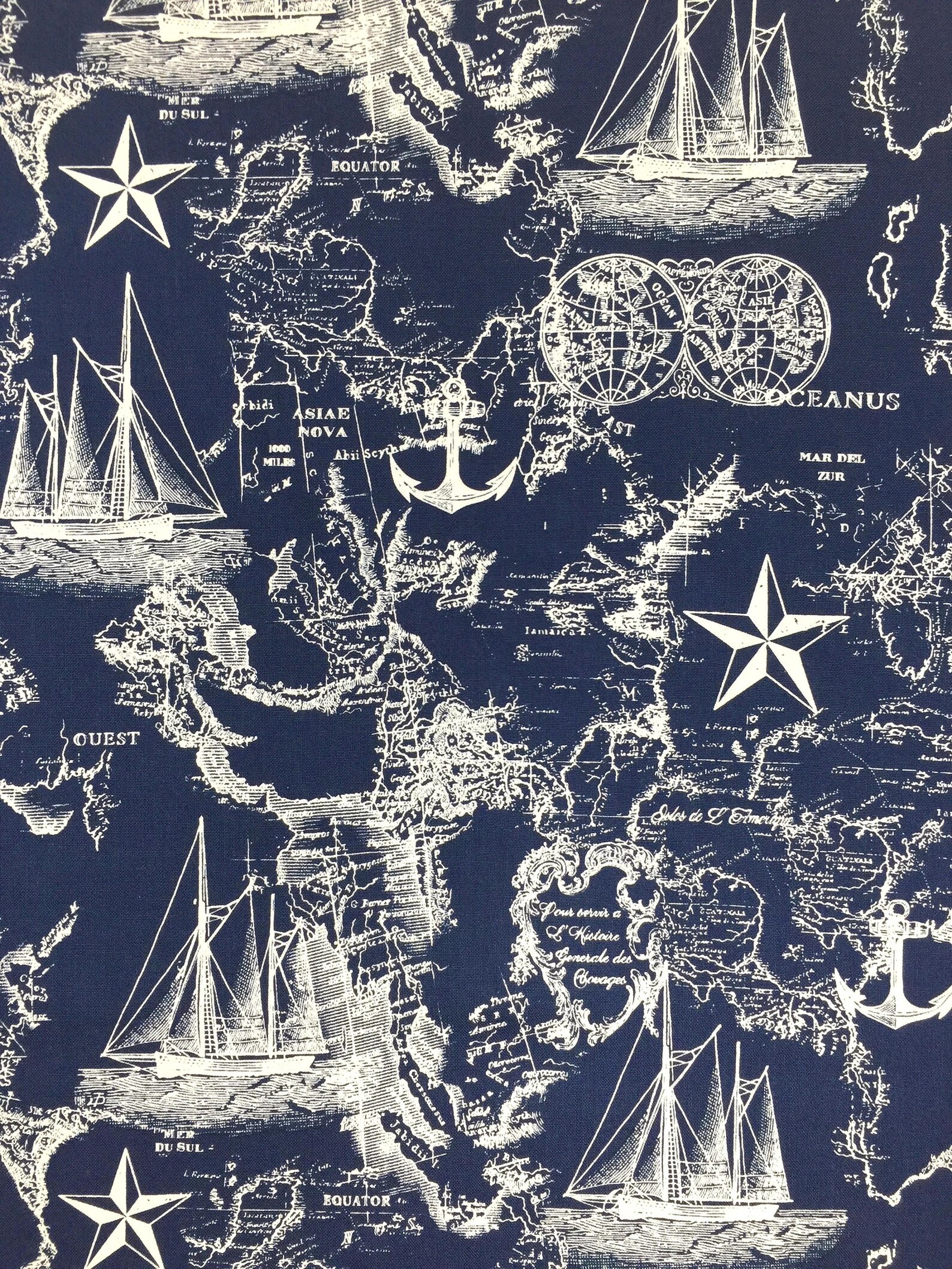 Navy Nautical Map Fabric, Ships and Stars, Fabric by the Yard, Fat ...