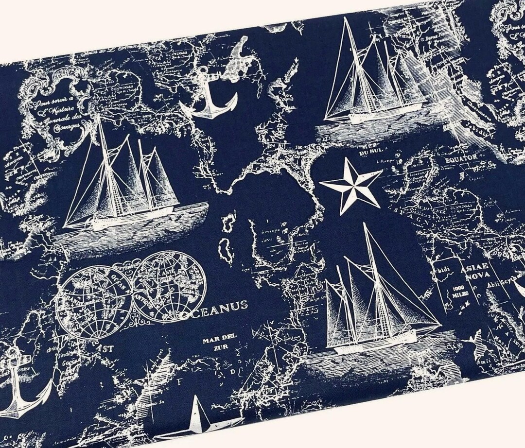 Navy Nautical Map Fabric by the Yard, Ships and Stars, Quilting Cotton ...