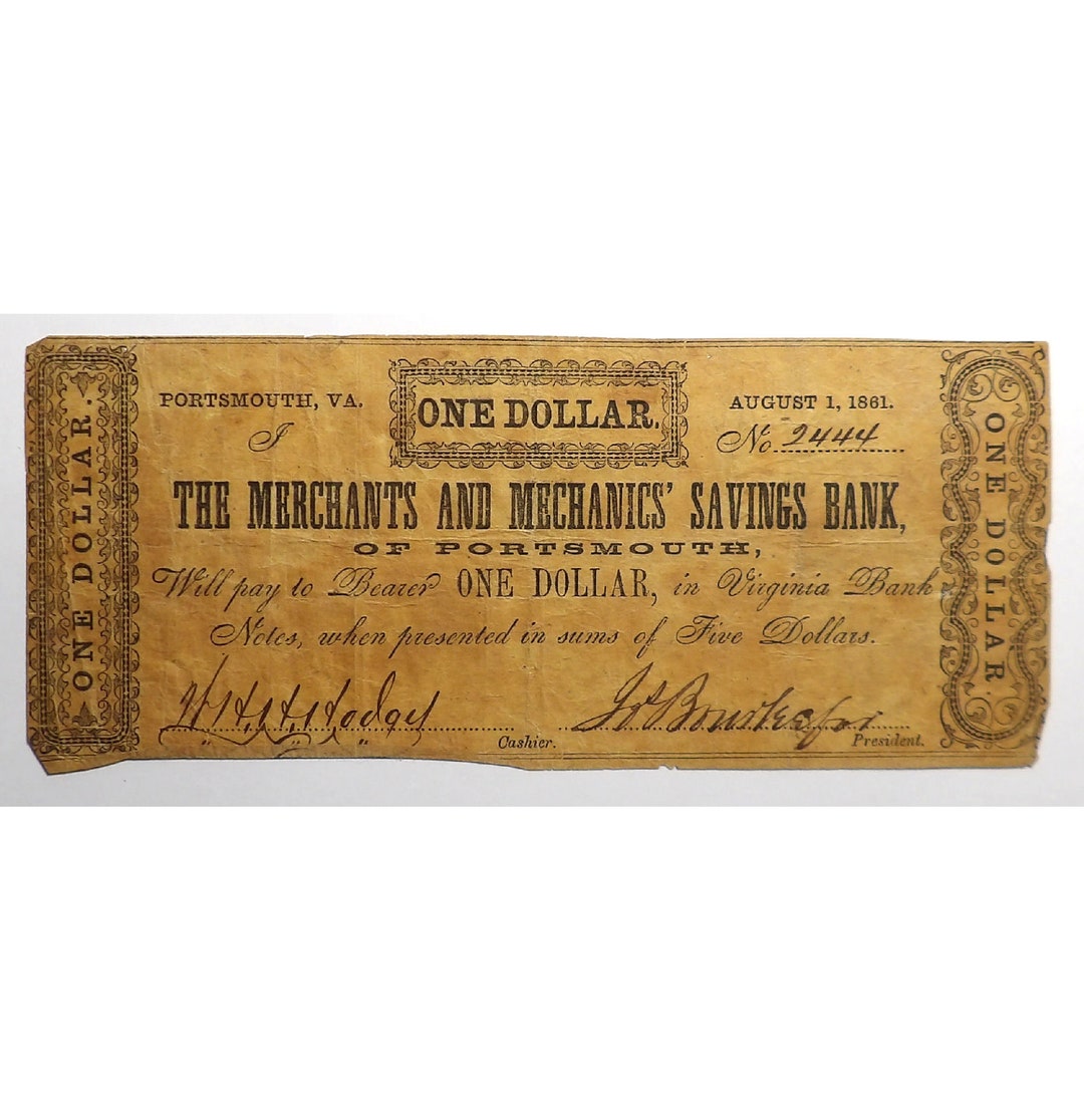 1861 Virginia Currency - Portsmouth - Civil War Currency – State Bank ...