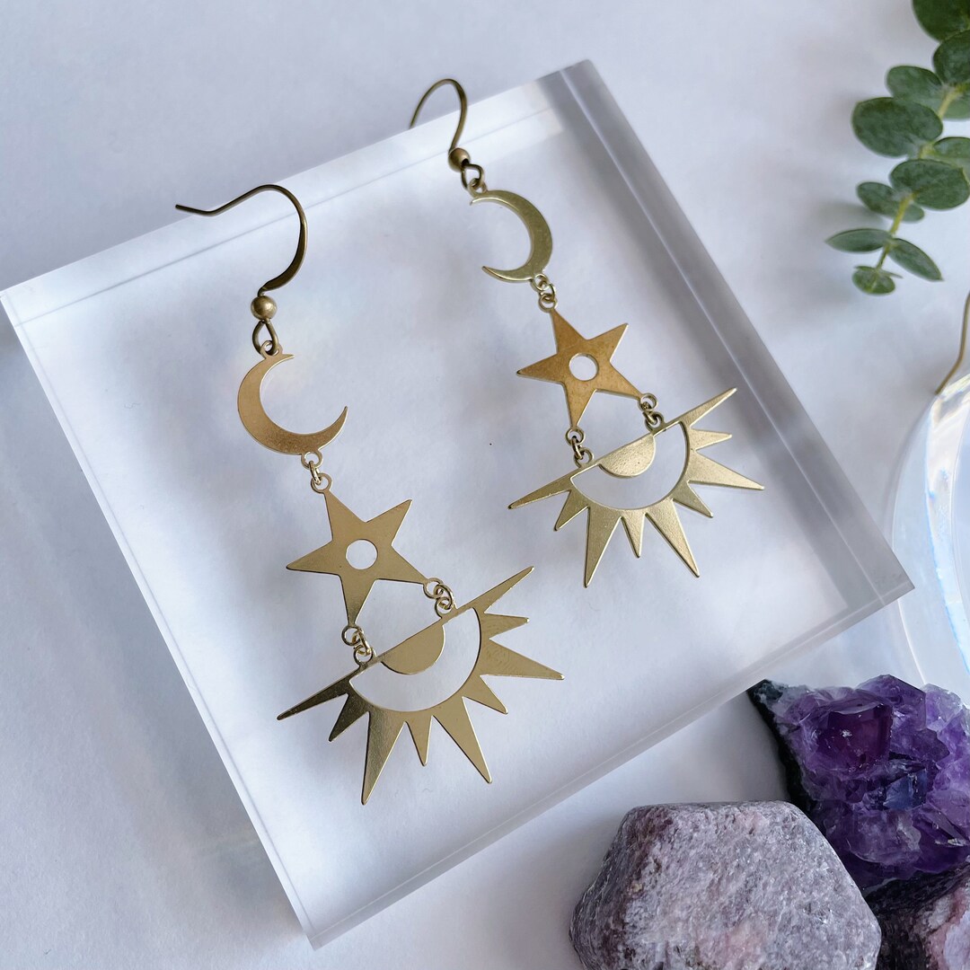 Addy Earrings Statement Moon Star Sun Ray Gold Brass Long Dangles ...