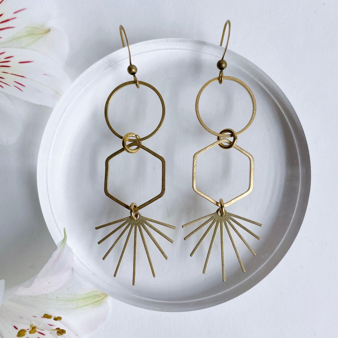 Parvin Earrings Sun Rays Geometric Brass Sunburst Sun-ray Dangles ...