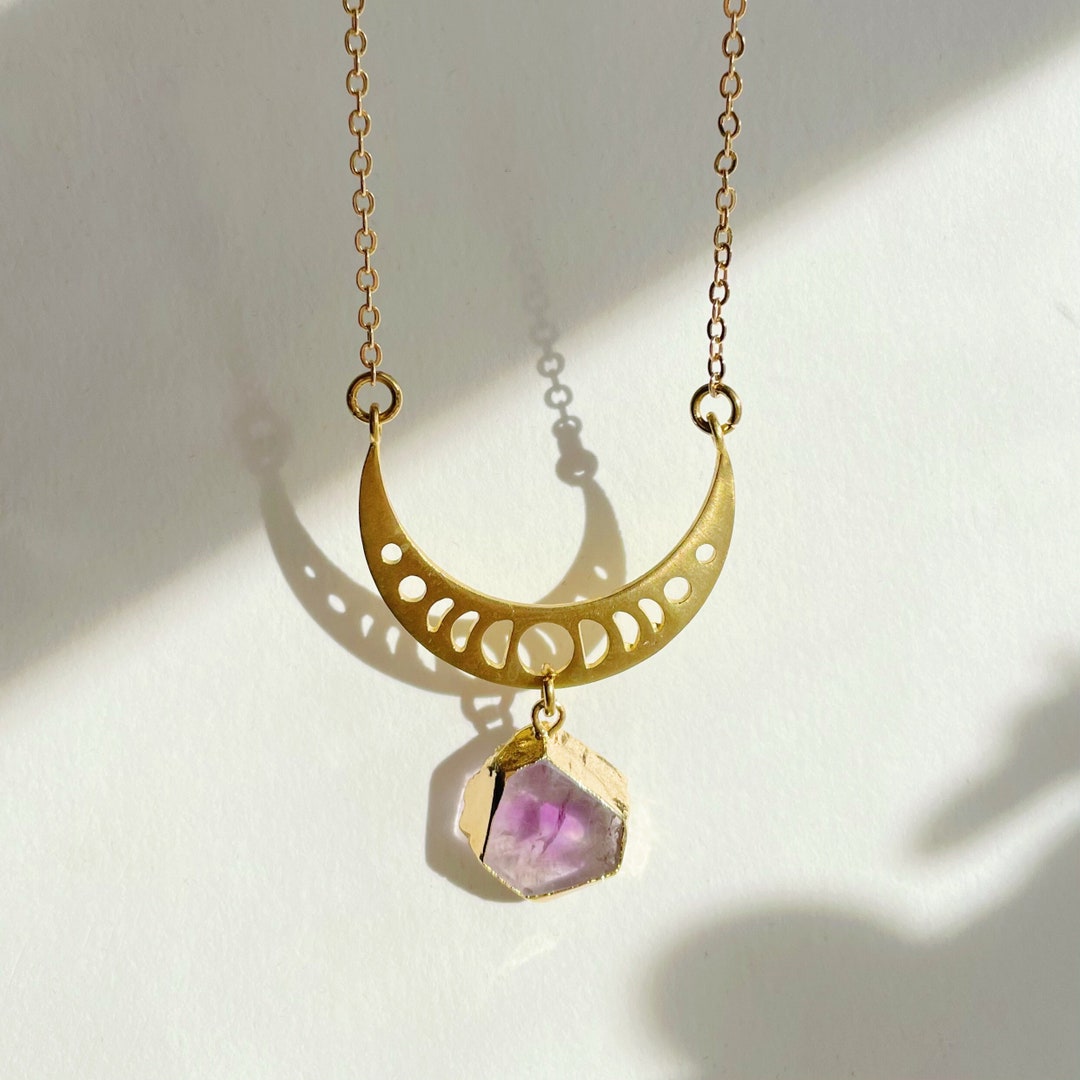 Moon Phases Necklace ~ Amethyst and Brass ~ Celestial Pendant & Gold ...