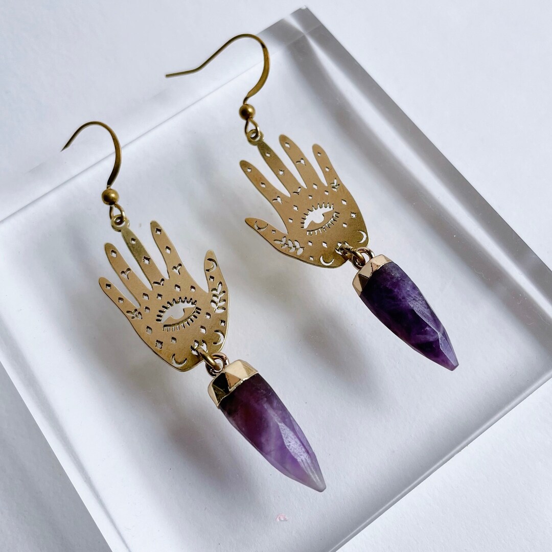 Protection Earrings ~ Amethyst~ Hand Evil Eye Crystal Celestial Brass ...