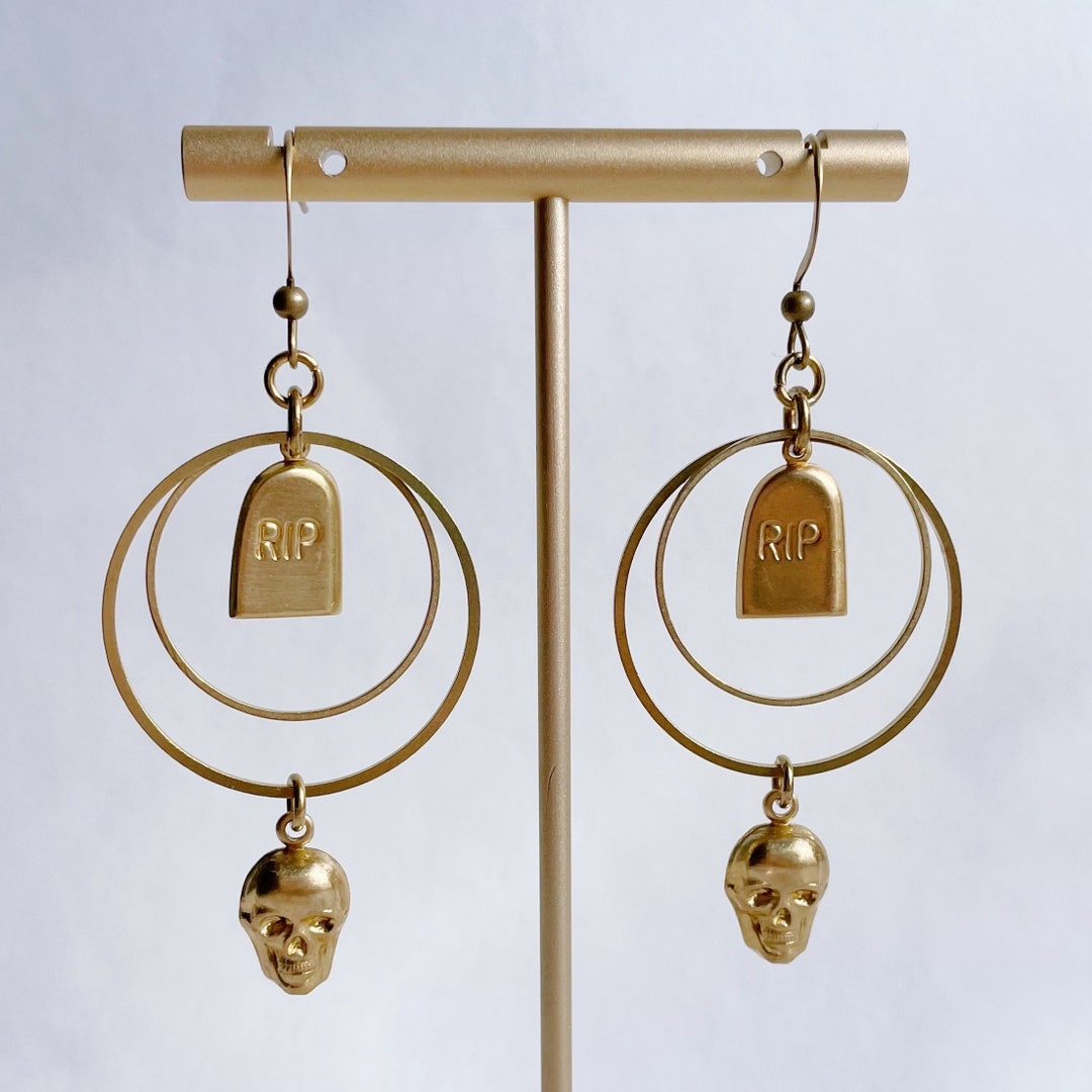 RIP Skull Earrings Brass Halloween Themed Grave Gold Brass - Etsy