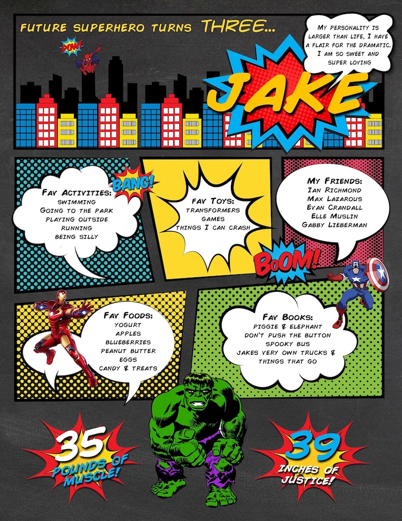 Superhero Comic Book Theme Digital Chalkboard, 4th Birthday, Birthday ...