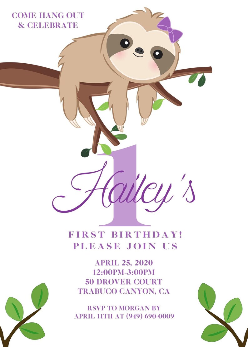 Sloth Birthday Invitation, 1st Birthday, Girl Sloth Party, Sloth Theme ...