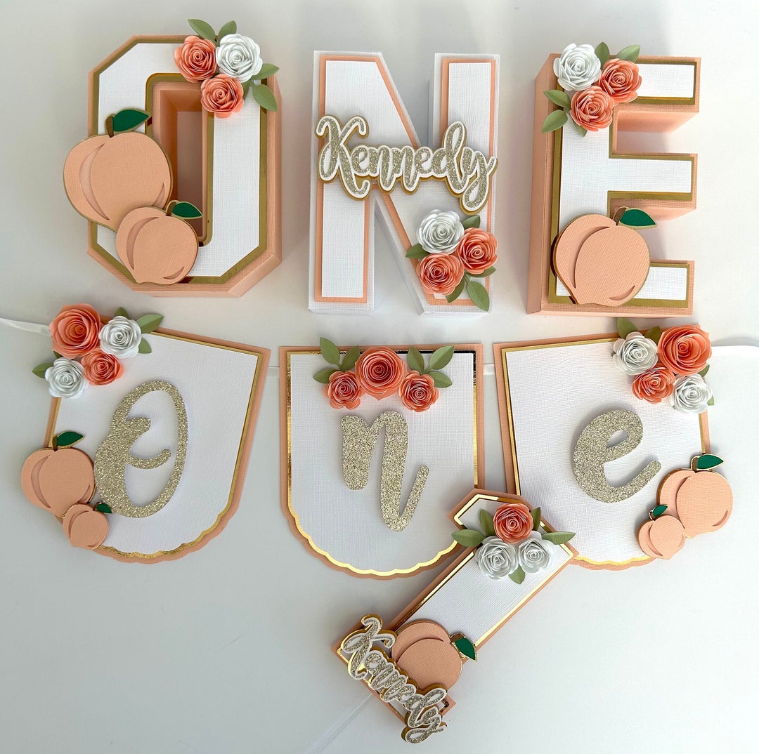 Peach First Birthday Party Decor: 3D Letters, Highchair Banner, Cake ...