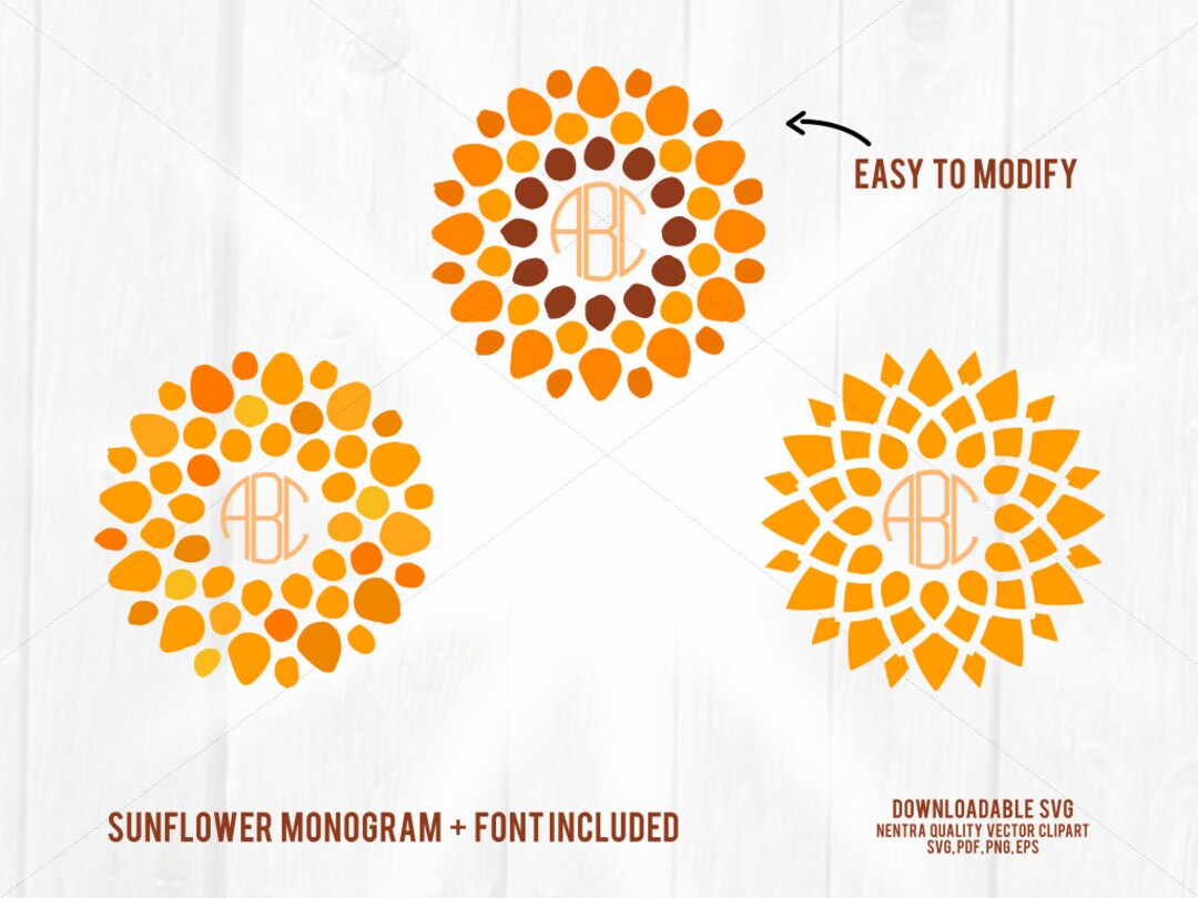 Sunflower Circle Monogram SVG, W/font Flower Yellow Sun Clipart, PNG ...