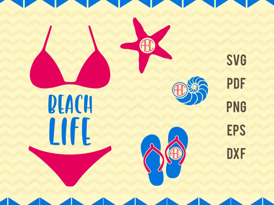 Bikini Beach SVG Monogram Frame File, Swimsuit Flip Flops Nautical, Pdf, Dxf Iron on T-shirt Cut ...