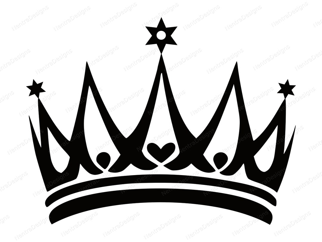 Crown Monochrome With Stars on Top and Gems Pointy Heart Tiara SVG, Png ...