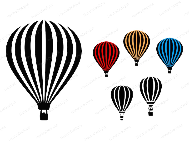 6 Hot Air Balloons SVG Bundle Striped Black White Floating SVG, Png ...