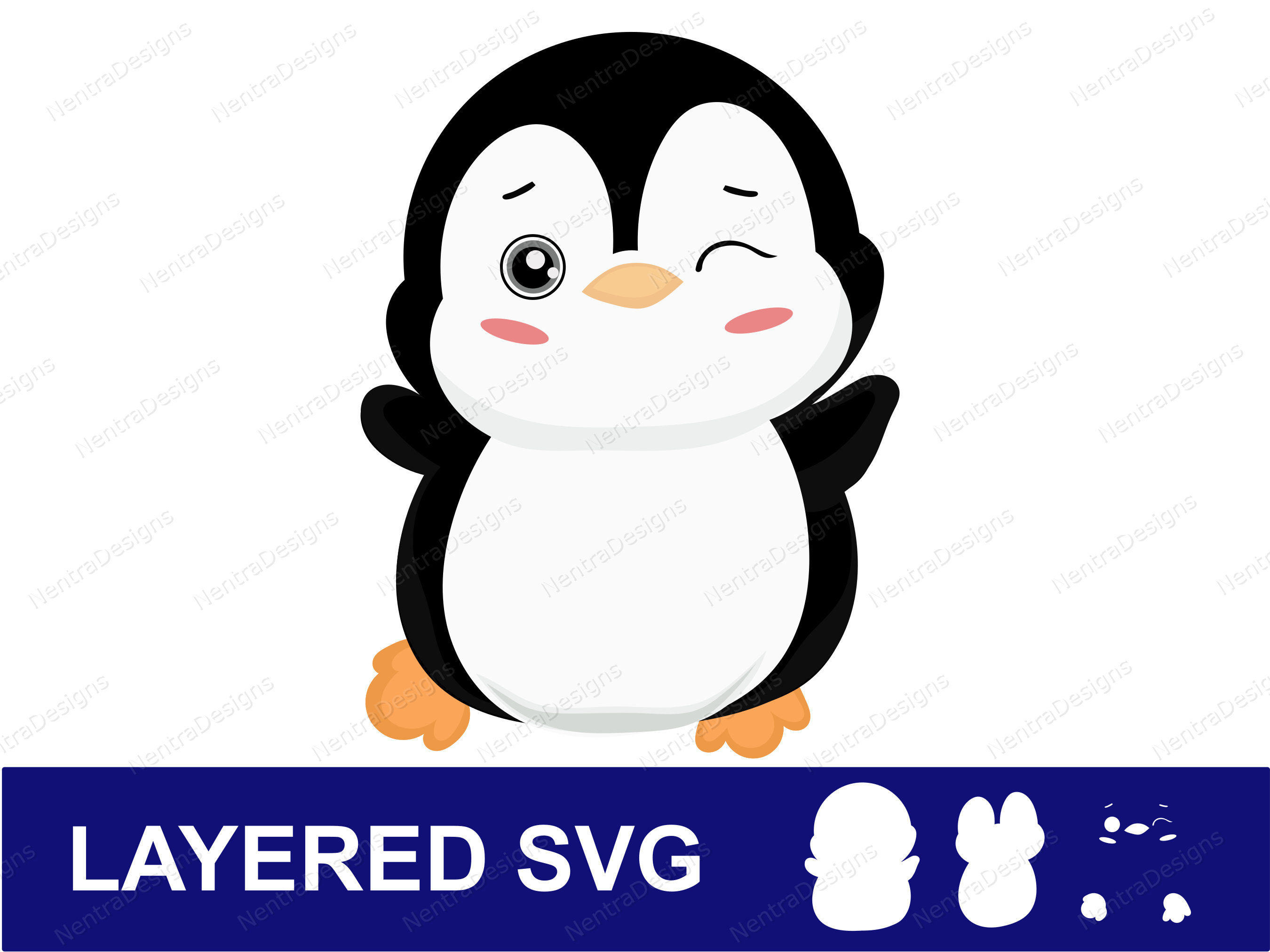Penguin Cute Baby Chubby Kawaii Puffy Cheeks Black Layered SVG, Png ...