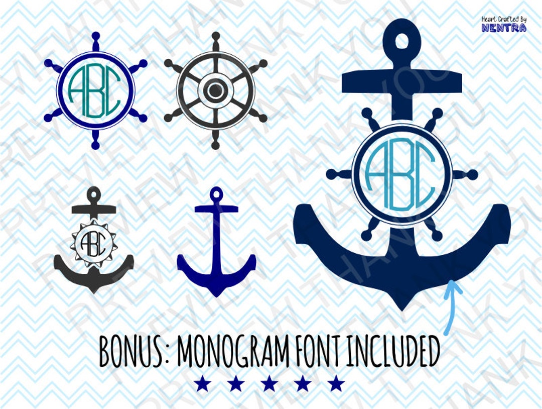 Nautical SVG Cut Files, Circle Monogram Frame Set: Anchor, Wheel + Font ...