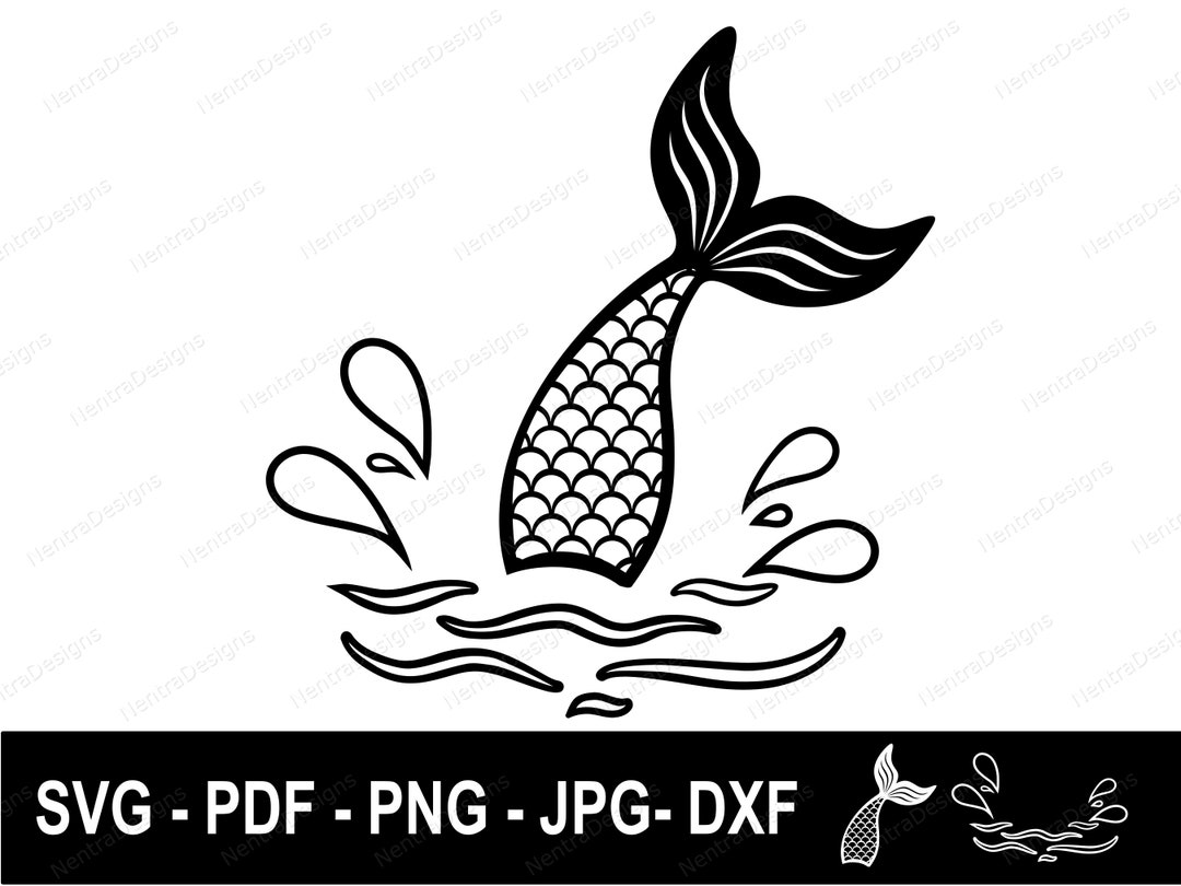 Mermaid Tail Water Splash Outline Black and White Coloring Book SVG ...