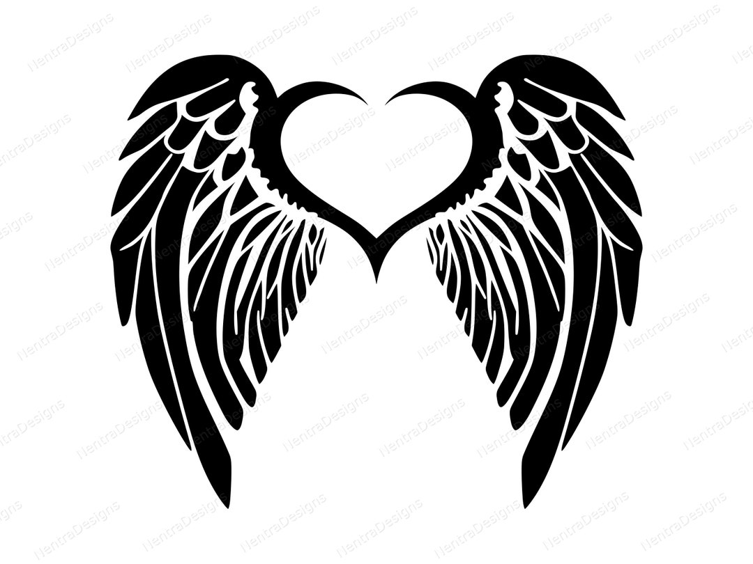 Heart Angel Wings Black on White Fly Away Bird Feather SVG, Png, Jpeg ...
