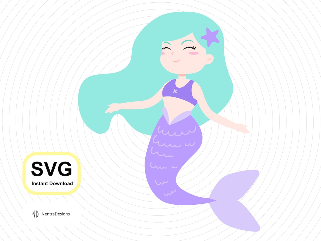 Cute Mermaid SVG, Sea Princess Sitting, Flowing Green Hair for ...