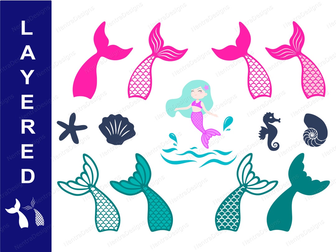 Cute Mermaid Sea Creatures Layered Outline Bundle SVG, Png, Jpeg, Pdf ...