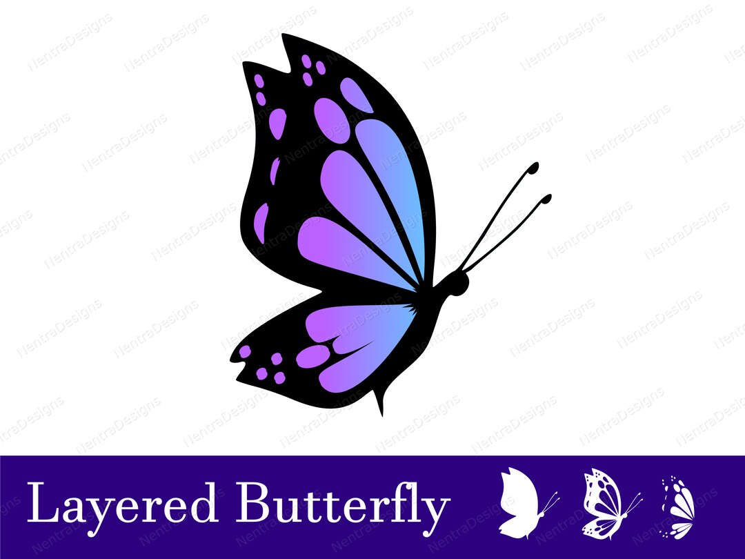 Layered Butterfly Silhouette Outline Side View Facing Right Easy SVG ...