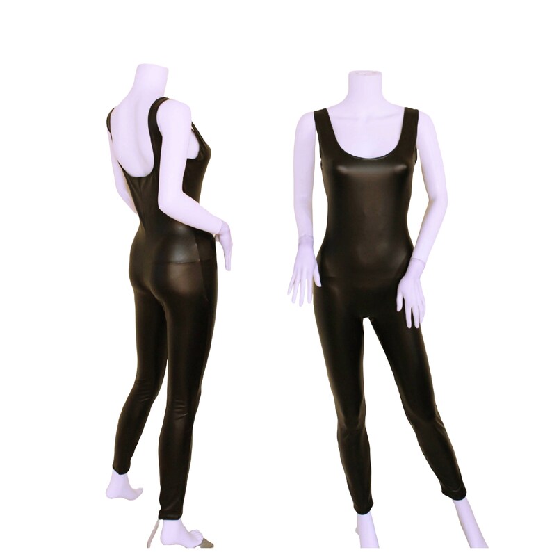 Women's Black Soft Stretch Pvc Leather Look Crew Neck Jumpsuit - Etsy